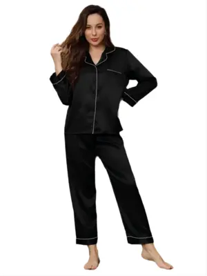 SILKSILKY Pure Silk Long Sleeve Notch Collar Pajamas - Black