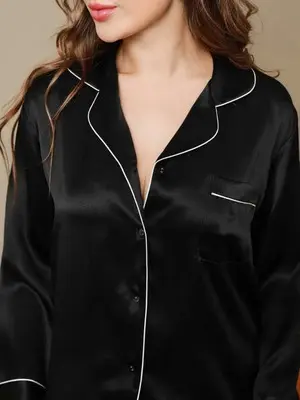 SILKSILKY Pure Silk Long Sleeve Notch Collar Pajamas - Black