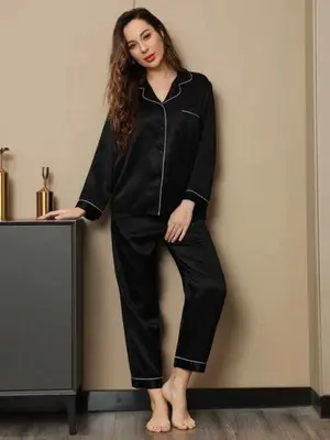 SILKSILKY Pure Silk Long Sleeve Notch Collar Pajamas - Black