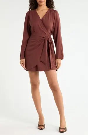 SUGARLIPS Raelynn Long Sleeve Faux Wrap Dress - Chocolate