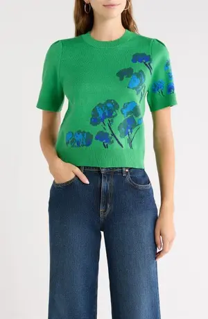 SUGARLIPS Kersey Floral Short Sleeve Sweater - Kelly-green