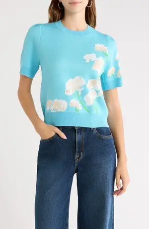 SUGARLIPS Kersey Floral Short Sleeve Sweater - Light-blue-white