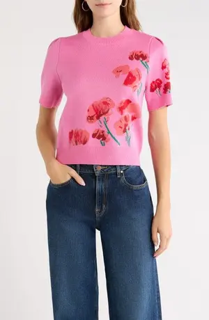 SUGARLIPS Kersey Floral Short Sleeve Sweater - Pink-red
