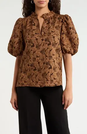 SUGARLIPS Arielle Jacquard Puff Sleeve Top - Brown