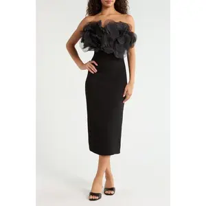 SUGARLIPS Kailany Floral Organza Trim Strapless Midi Dress - Black