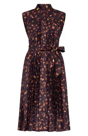 MILLY Johanna Printed Pleated Midi Dress - Brown Multi