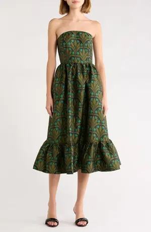 SUGARLIPS Aurra Floral Jacquard Tiered Strapless Midi Dress Olive Multi