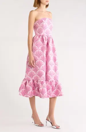 SUGARLIPS Aurra Floral Jacquard Tiered Strapless Midi Dress - Pink Multi