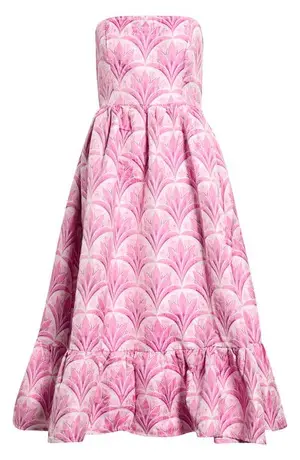 SUGARLIPS Aurra Floral Jacquard Tiered Strapless Midi Dress - Pink Multi