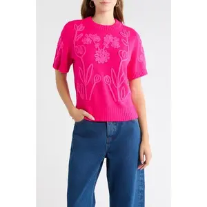 SUGARLIPS Winsley Floral Embroidered Sweater - Fuchsia