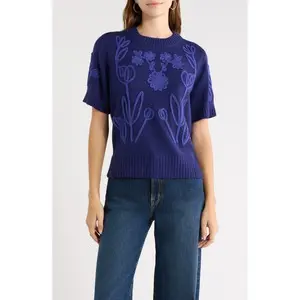 SUGARLIPS Winsley Floral Embroidered Sweater - Navy