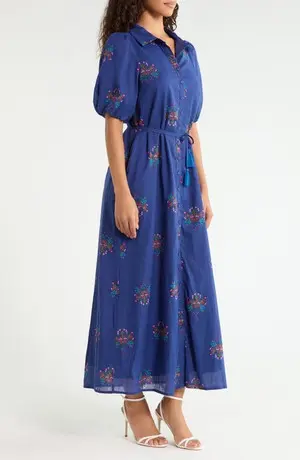 SUGARLIPS Arelia Floral Tie Waist Button-up Midi Shirtdress