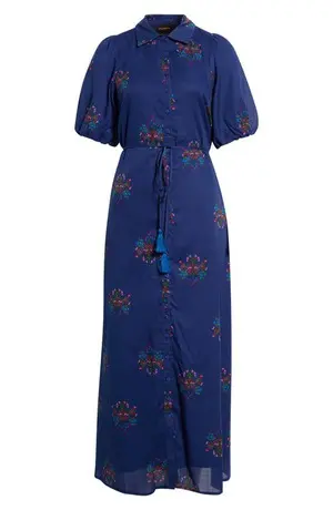 SUGARLIPS Arelia Floral Tie Waist Button-up Midi Shirtdress