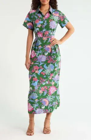 SUGARLIPS Elara Floral Print Shirtdress - Emerald-multi
