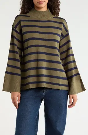 SUGARLIPS Slayder Stripe Mock Neck Sweater - Olive Multi