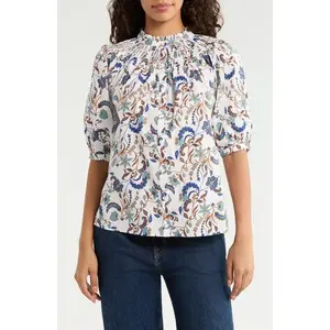 SUGARLIPS Ralston Smocked Floral Cotton Button-up Top