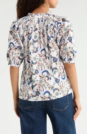 SUGARLIPS Ralston Smocked Floral Cotton Button-up Top - Off-white-multi