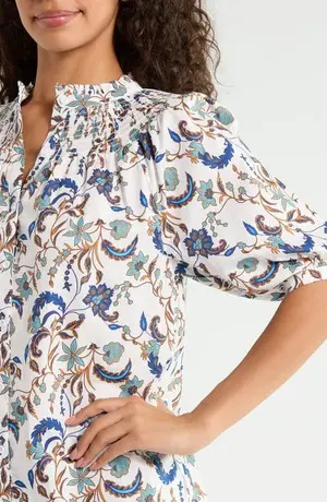 SUGARLIPS Ralston Smocked Floral Cotton Button-up Top - Off-white-multi