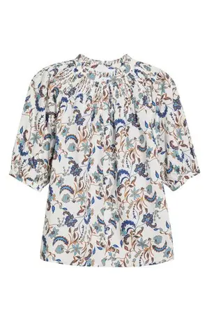 SUGARLIPS Ralston Smocked Floral Cotton Button-up Top - Off-white-multi