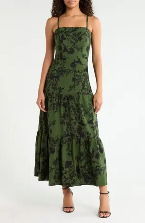 SUGARLIPS Tindrie Floral Alvis Tiered Maxi Dress - Olive-black