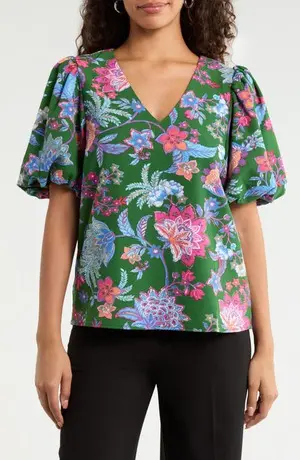 SUGARLIPS Elara Floral Puff Sleeve Top - Emerald-multi