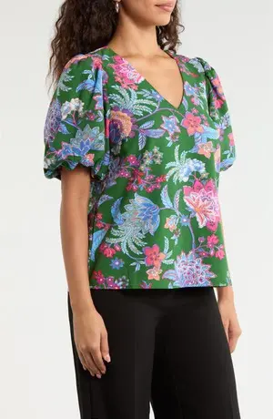 SUGARLIPS Elara Floral Puff Sleeve Top - Emerald-multi
