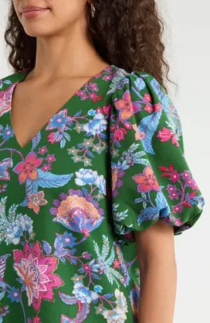 SUGARLIPS Elara Floral Puff Sleeve Top - Emerald-multi