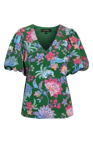SUGARLIPS Elara Floral Puff Sleeve Top - Emerald-multi
