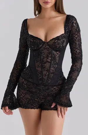 House Of Cb Charelle Embellished Lace Corset Top - Black