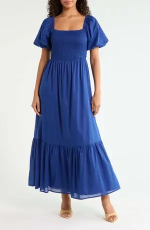 SUGARLIPS Bluebell Smocked Puff Sleeve Maxi Dress - Navy