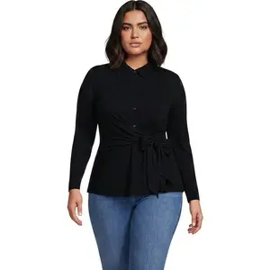 LANDS' END Long Sleeve Lightweight Jersey Adjustable Tie Collar Top - Black