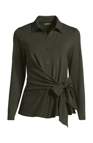 LANDS' END Long Sleeve Lightweight Jersey Adjustable Tie Collar Top - Forest Moss