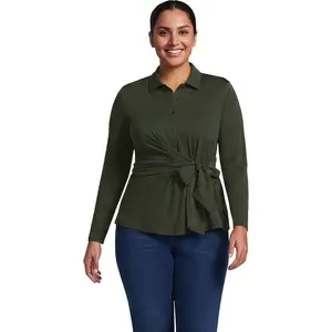 LANDS' END Long Sleeve Lightweight Jersey Adjustable Tie Collar Top - Forest Moss