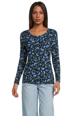 LANDS' END Lightweight Jersey Skimming Long Sleeve Scoop Neck T-shirt - Deep Sea/blue Hydrangea