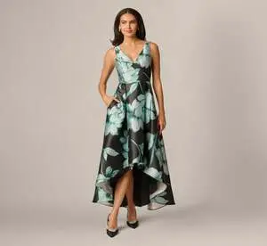 Adrianna Papell Soft Focus Floral Mikado High Low Gown