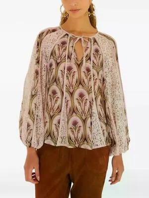 Farm Rio Floral-print Lace-panelled Blouse - Neutrals