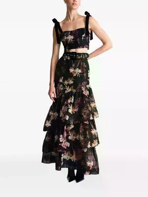Cara Cara Priya Floral-print Tiered Maxi Skirt Black