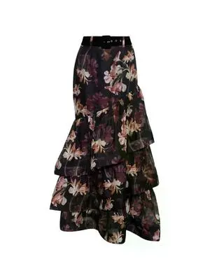 Cara Cara Priya Floral-print Tiered Maxi Skirt - Black
