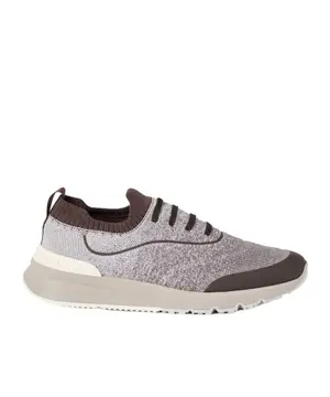 Brunello Cucinelli Logo Embossed Knitted Lace-up Sneakers - Brown