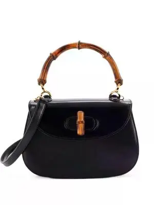 Gucci Vintage Convertible Bamboo Top Handle Bag Leather Small Satchel - Black