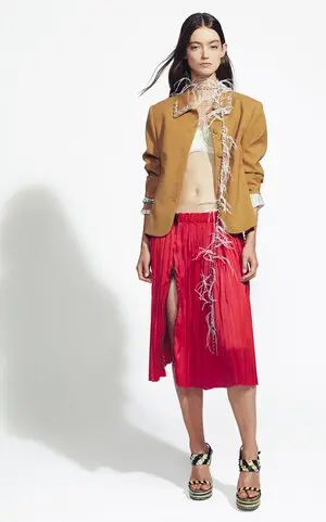DES_PHEMMES Crinkle Pleated Satin Midi Skirt - Red