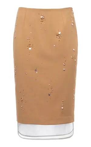 DES_PHEMMES Embellished Twill Midi Skirt - Brown