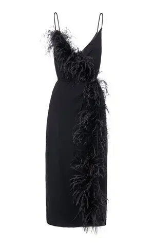 DES_PHEMMES Feathered Crepe Midi Dress - Black