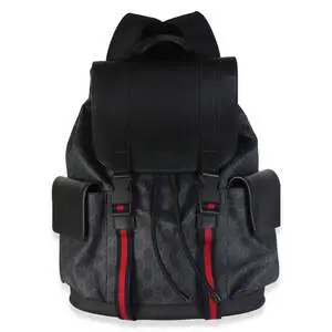 Gucci Soft Gg Supreme Canvas Calfskin Web Double Buckle Backpack - Black