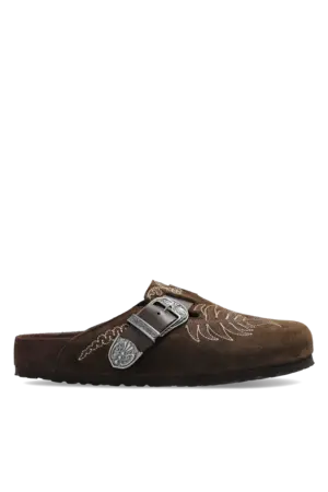 Etro X Birkenstock Embroidered Suede Mules - Brown