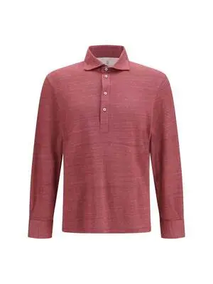 Brunello Cucinelli Long-sleeve Polo In Mélange Linen And Cotton Jersey - Pink