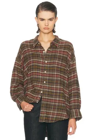 R13 Drop Neck Shirt In Brown - Rust Brown Plaid