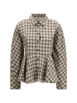 GANNI Check Flannel Peplum Shirt - Cream