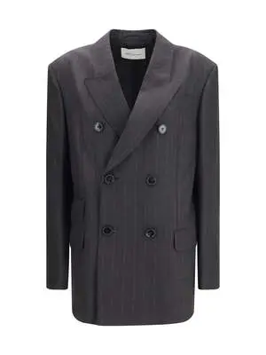 AMI Paris Striped Wool Double Breasted Blazer - Gray