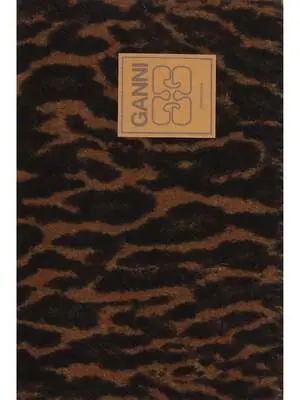 GANNI Leopard Print Wool Scarf With Logo And Fringes - Brown
